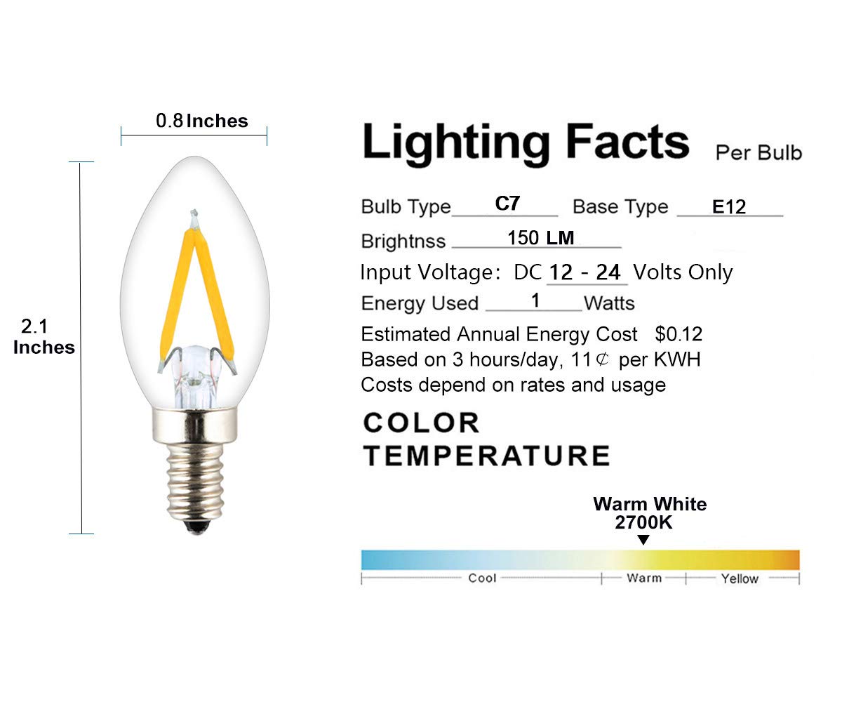 OPALRAY C7 12V-24V DC 1W LED Mini Candle Bulb, 12 Volts Low Voltage Input, RV Lighting Cabin Light, Warm White 2700K, 150LM 15W Incandescent Equivalent, for 12Volt Power, Mini Torpedo Shape, 4-Pack