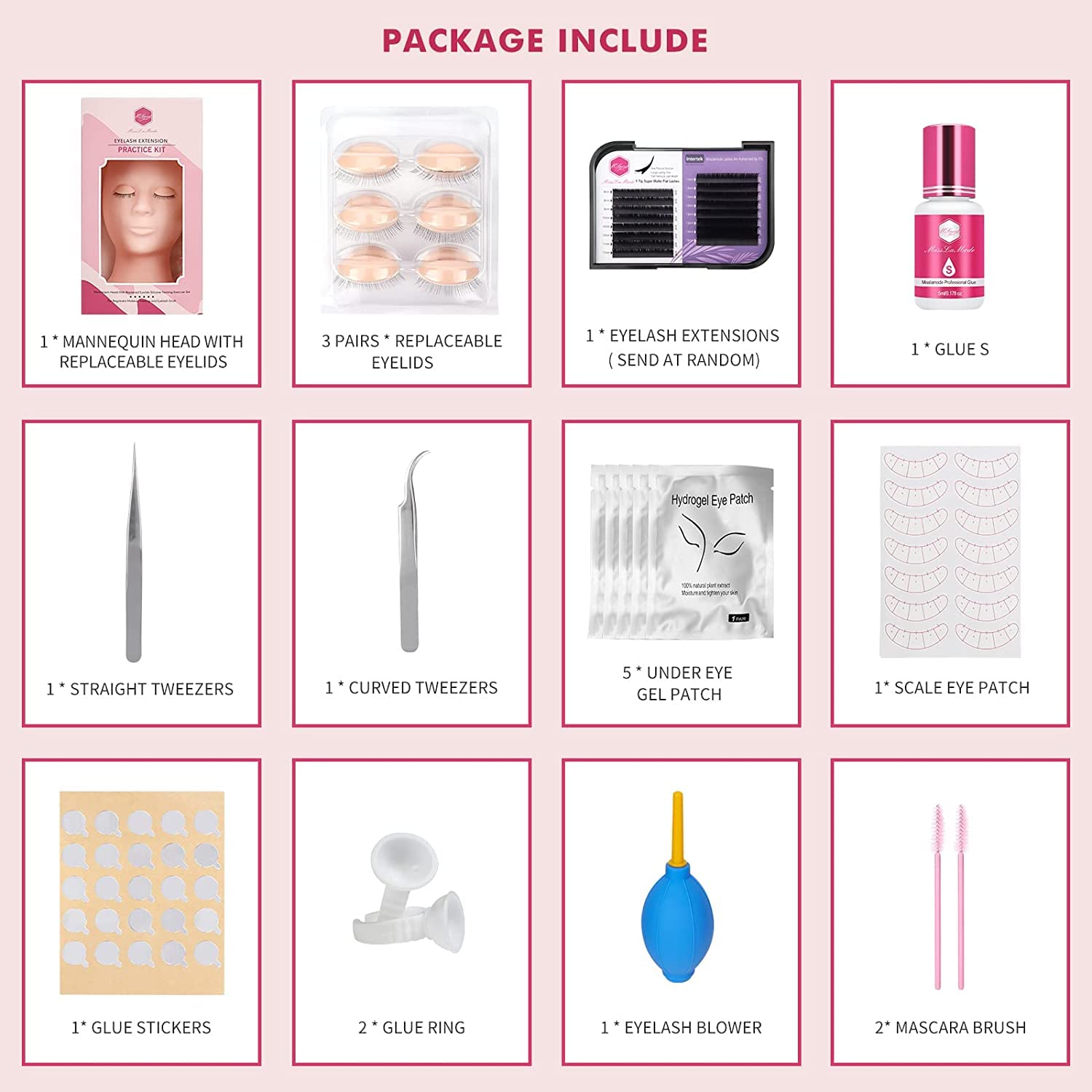 MIILAMOD Eyelash Extension Kit,Training Lash Extension Supplies for Beginners,Lash Mannequin Head With Replaced Eyelids Silicone Training Exercise Set,Eyelash Extension Practice Kit
