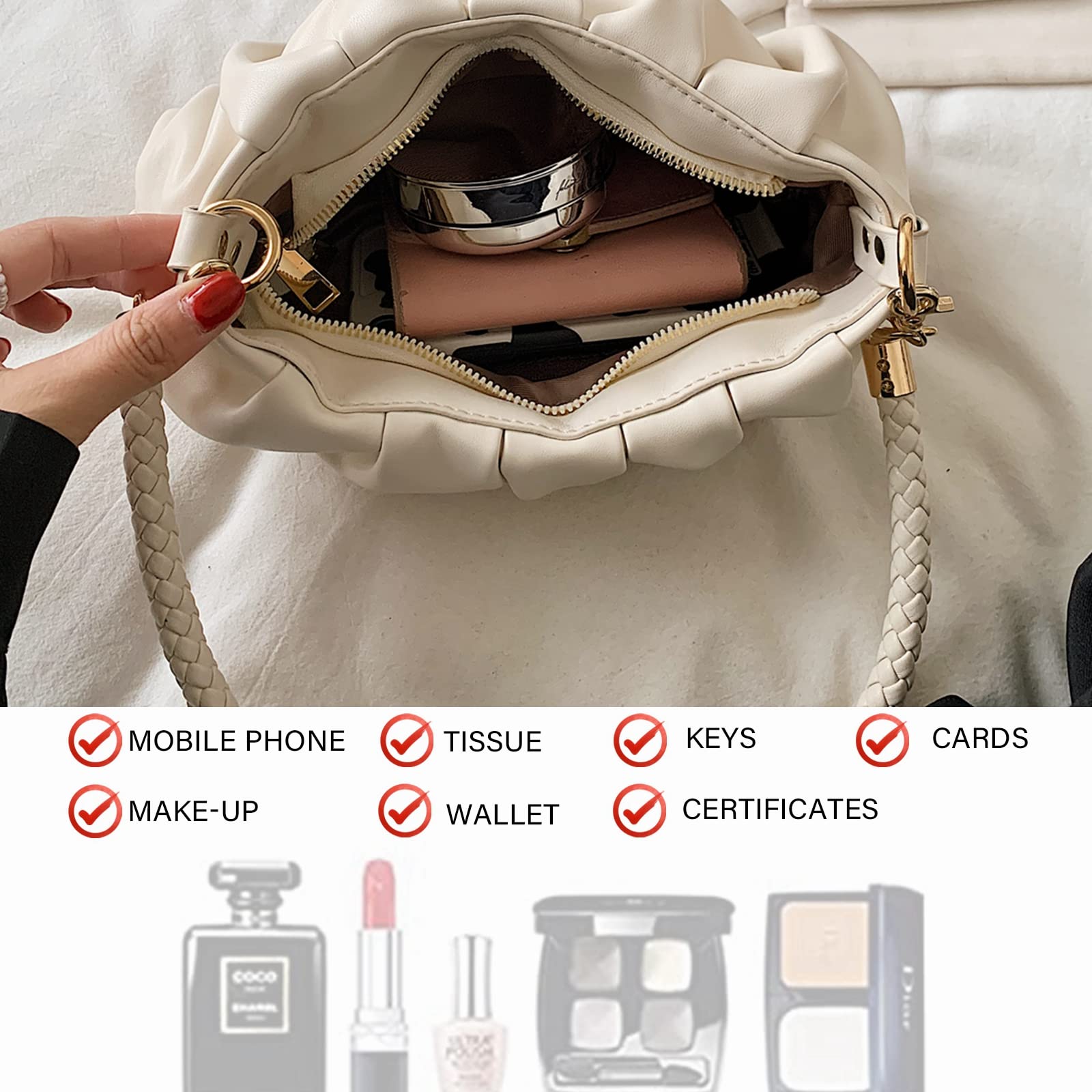GEEMONT Shoulder Bag Clutch Purse Fashion Multipurpose Crossbody Pleated Pouch Dumpling Bag and Evening Bag (Khaki)