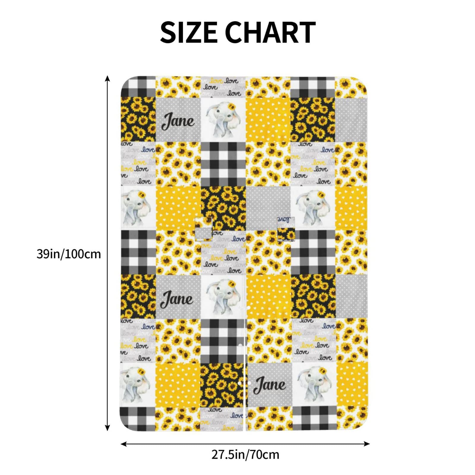 Personalized Elephant and Sunflower Plaid Baby Infant Car Seats Canopy for Babies with Name, Custom Multi-use Blankets for Baby Boys Girls, Peekaboo Minky Nursing Stroller Cover Canopies for Newborn