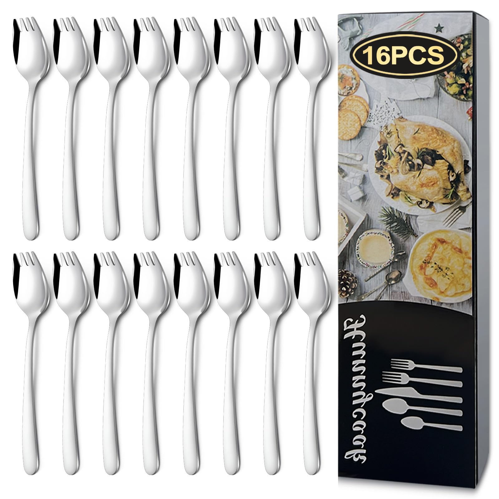 Hunnycook 16-Pack Sporks, 7.2 Inch Sporks Stainless Steel, Metal Spork Set, Stainless Steel Sporks for Pasta, Soup, Dessert Sporks & Salad Forks, Spork for Household Use, Camping, Hiking