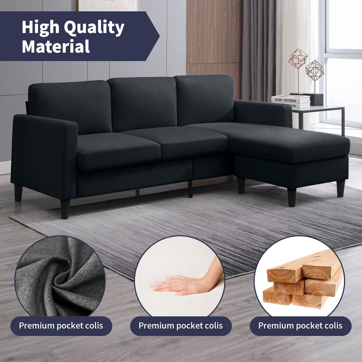 ijuicy Convertible Sectional Couch,78" Small Sectional Sofa, 3-Seat Upholstered Linen L Shaped Sofa w/Movable Storage Ottoman,Reversible Chaise Lounge for Living Room/Small Spaces(Dark Grey)