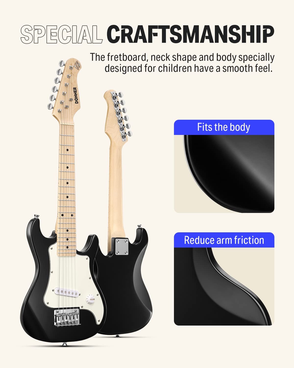 Donner 30 Inch Kids Electric Guitar Beginner Kits ST Style Mini Electric Guitar for Boys Girls with Amp, 600D Bag, Tuner, Picks, Cable, Strap, Extra Strings, DSJ-100, Black