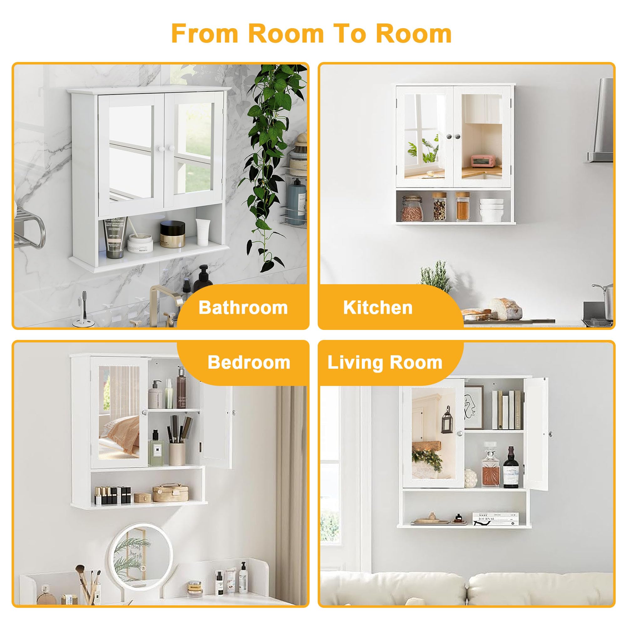 JUQUANBH Bathroom Wall Cabinet, Medicine Cabinets for Bathroom with Doule Mirror Doors 3 Open Shelf, Wooden Bathroom Storage Cabinet