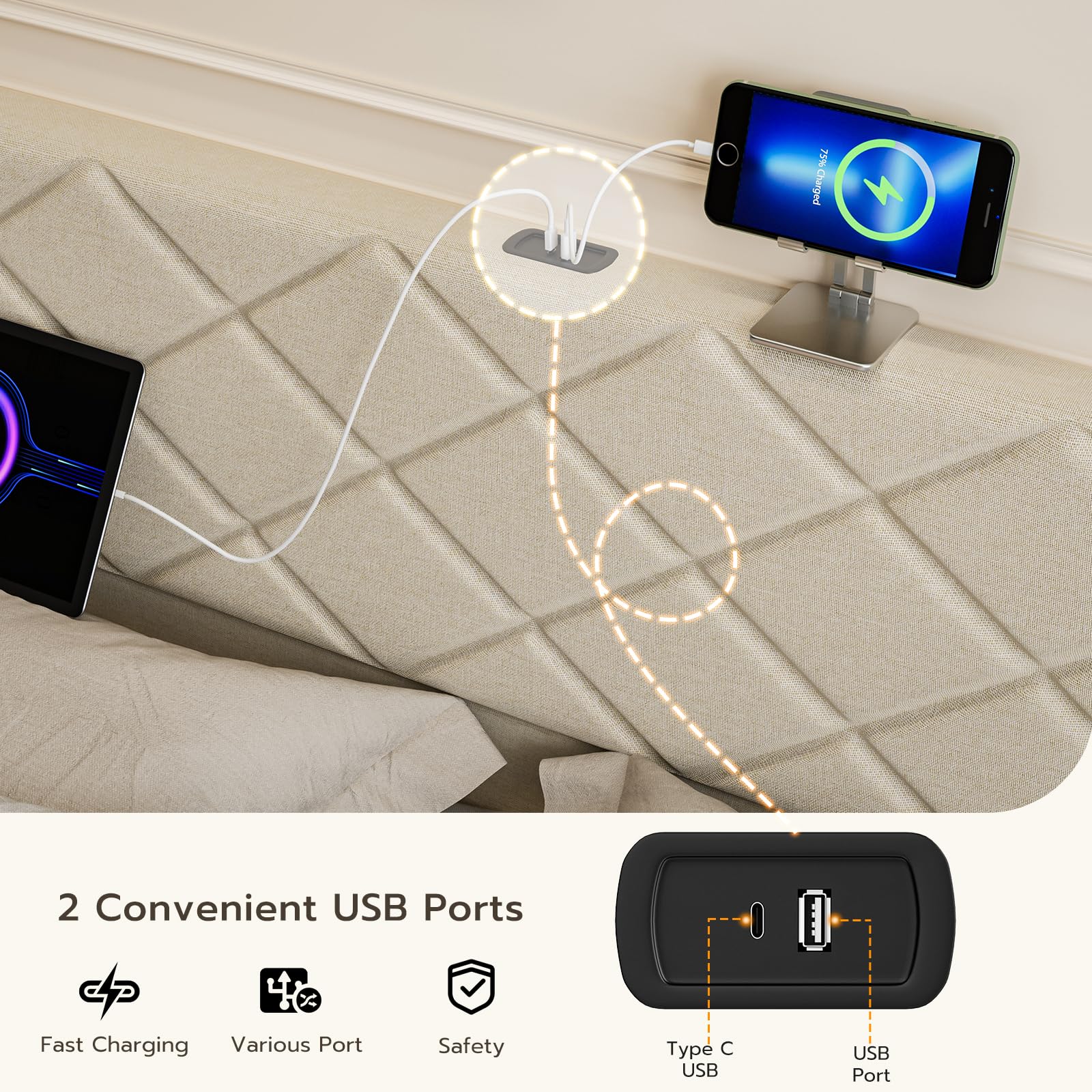 IKIFLY Floating Bed Frame Full Size with 2 USB Ports - Modern Upholstered Linen Full Platform Bed with LED Lights, No Box Spring Needed, Solid Wood Slats, Easy Assembly - Beige