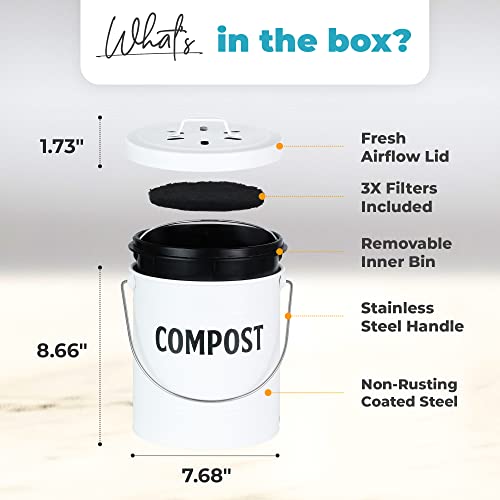 Kitchen Compost Bin by Saratoga Home - 1.3 Gal/5L Metal Compost Bucket for Kitchen Countertop, Kitchen Composter, Countertop Compost Bin, Compost Bin Kitchen, Kitchen Compost Bin Countertop, White