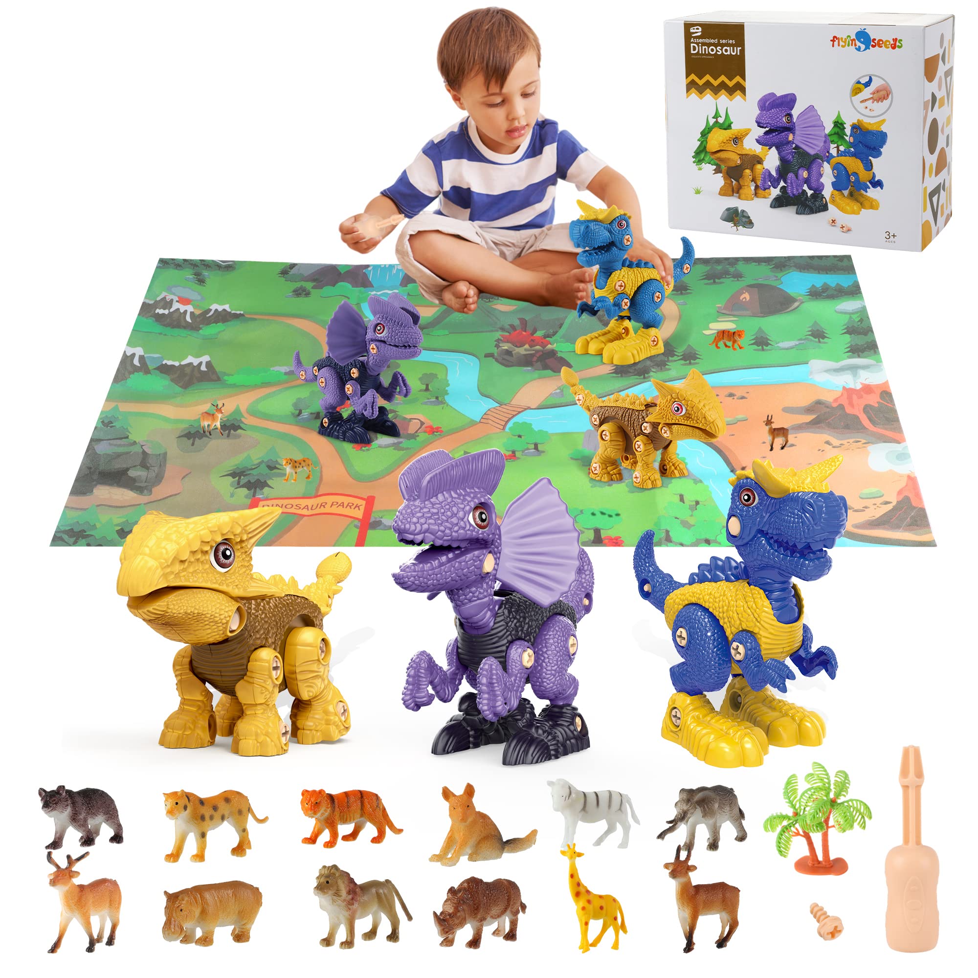 FLYINGSEEDS Take Apart Dinosaur Toys Playset for Kids Age 3 4 5 6 7 8 Year Old, STEM Learning Educational Building Construction Set with Activity Play Mat & Wildlife Figures for Toddlers Boys
