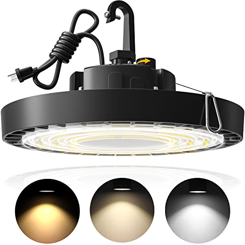 VANoopee 3-Color UFO LED High Bay Light 150W 3000K 4000K 5000K High Bay LED Light Bright Commercial Bay Lighting for Warehouse Workshop Barn Gym - 5' Cable with Plug, IP65 21000lm(600W MH/HPS Eqv.)