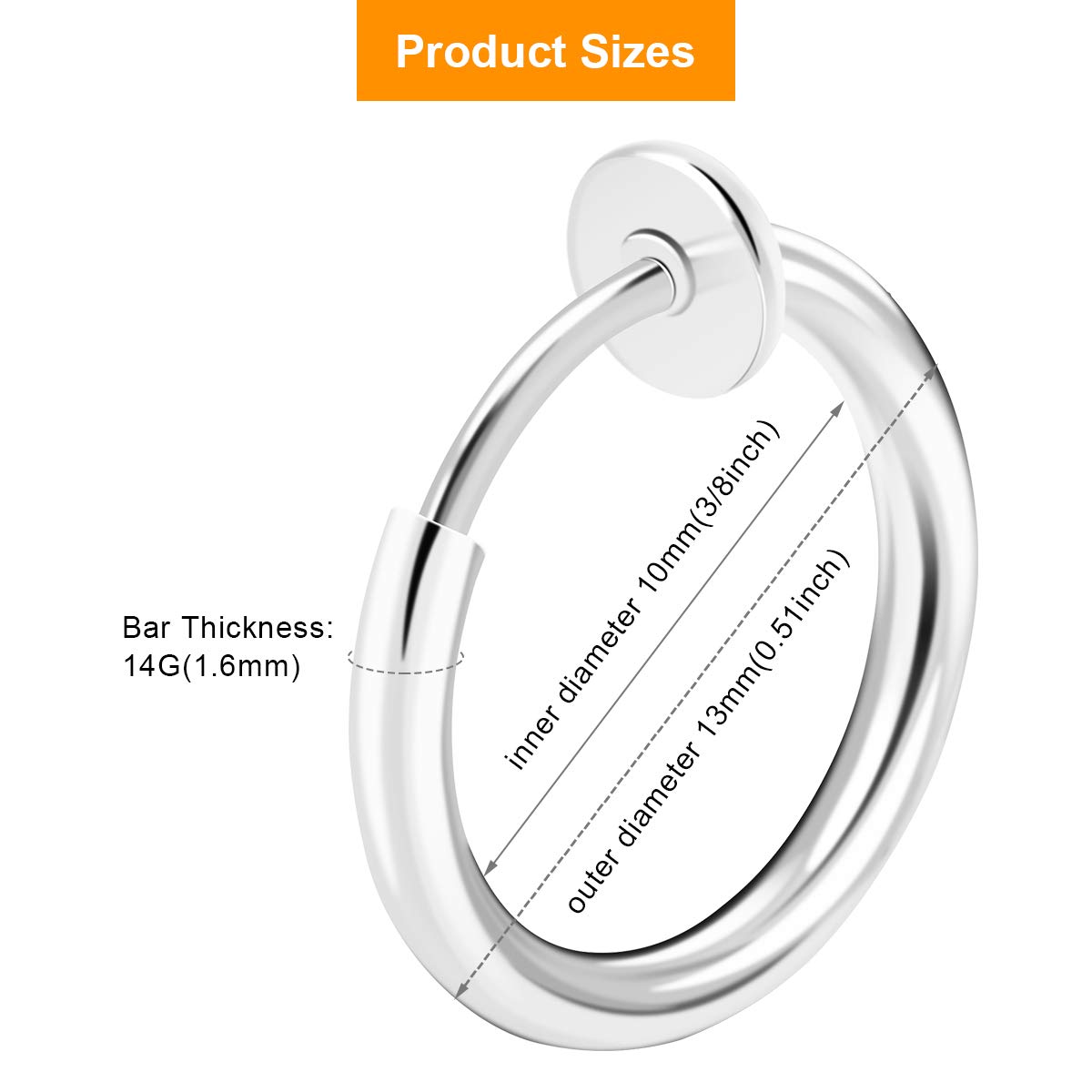 CrazyPiercing 8 pcs of Surgical Steel Clip on Non-pierced Hoops Fake Nose Lip Ear Rings Piercing (Silver color)