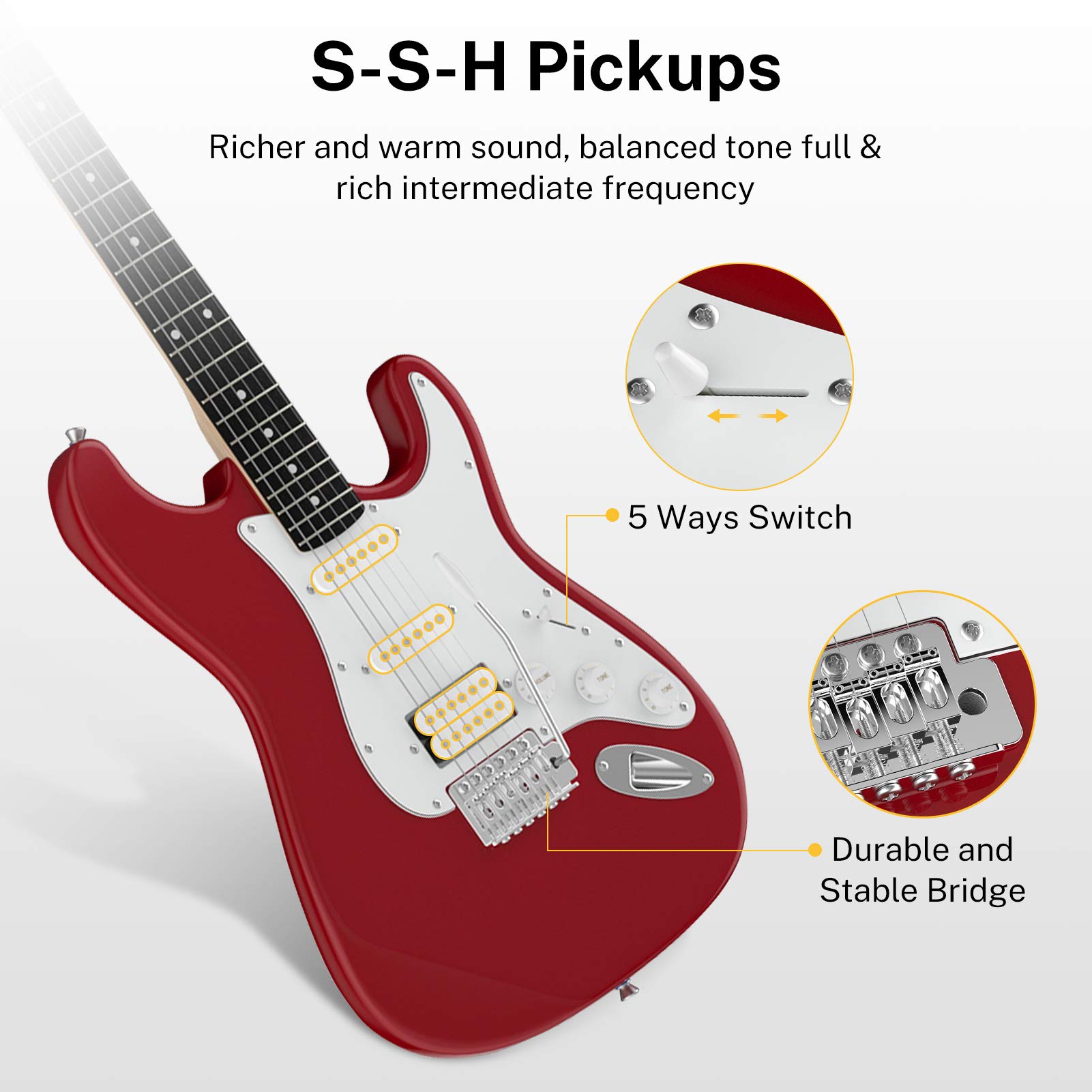 Donner DST-100R 39 Inch Electric Guitar Beginner Kit Solid Body Full Size Red HSS Pick Up for Starter & Donner Guitar Cable 10 ft 2 Pack