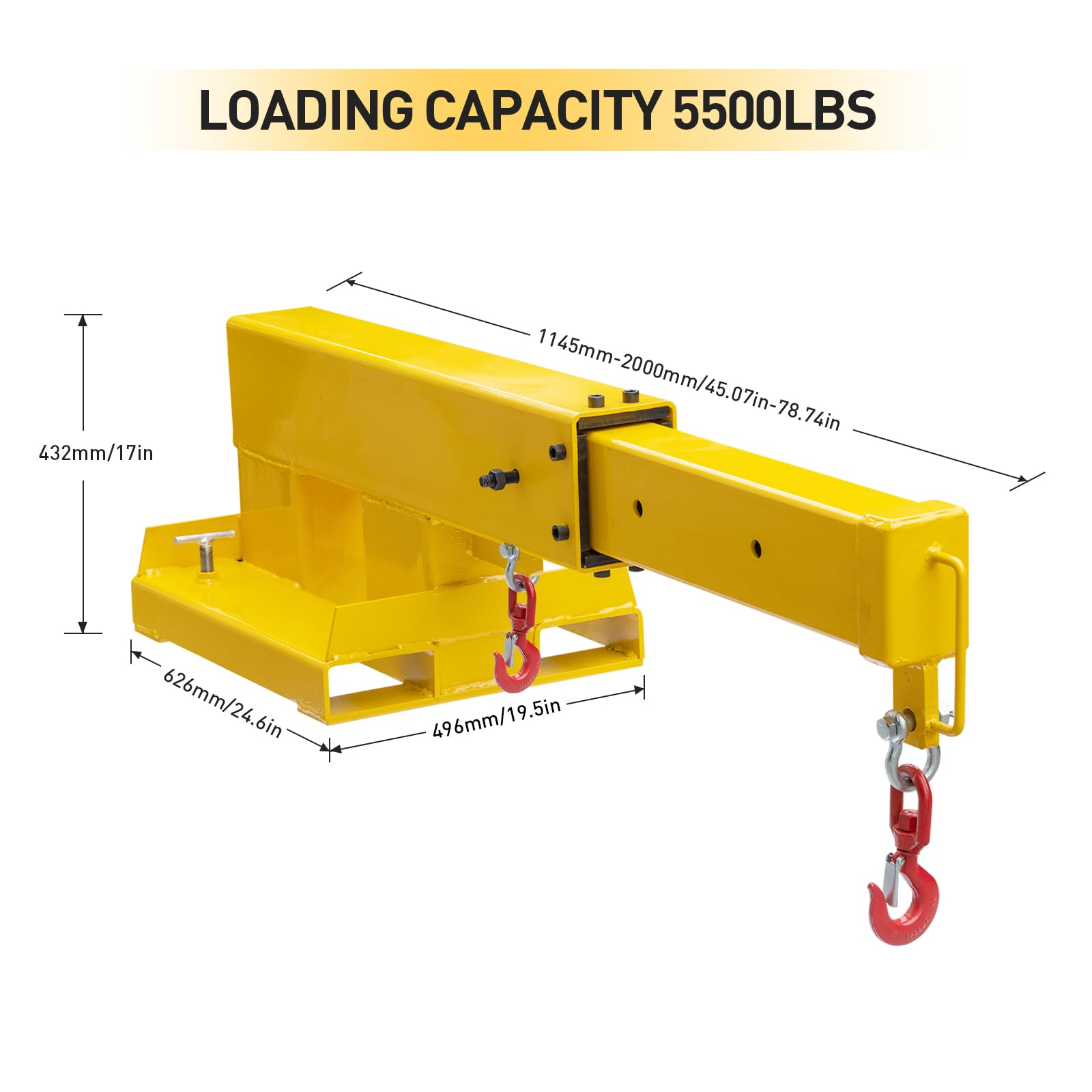 Garvee Forklift Jib Crane, Adjustable Forklift Mobile Crane Manual Telescopes 45"-78", 2.5T Capacity, Flexible Adjustment Holes, Ideal for Warehouse, Factories, Construction(5500 Lbs Lift Capacity)