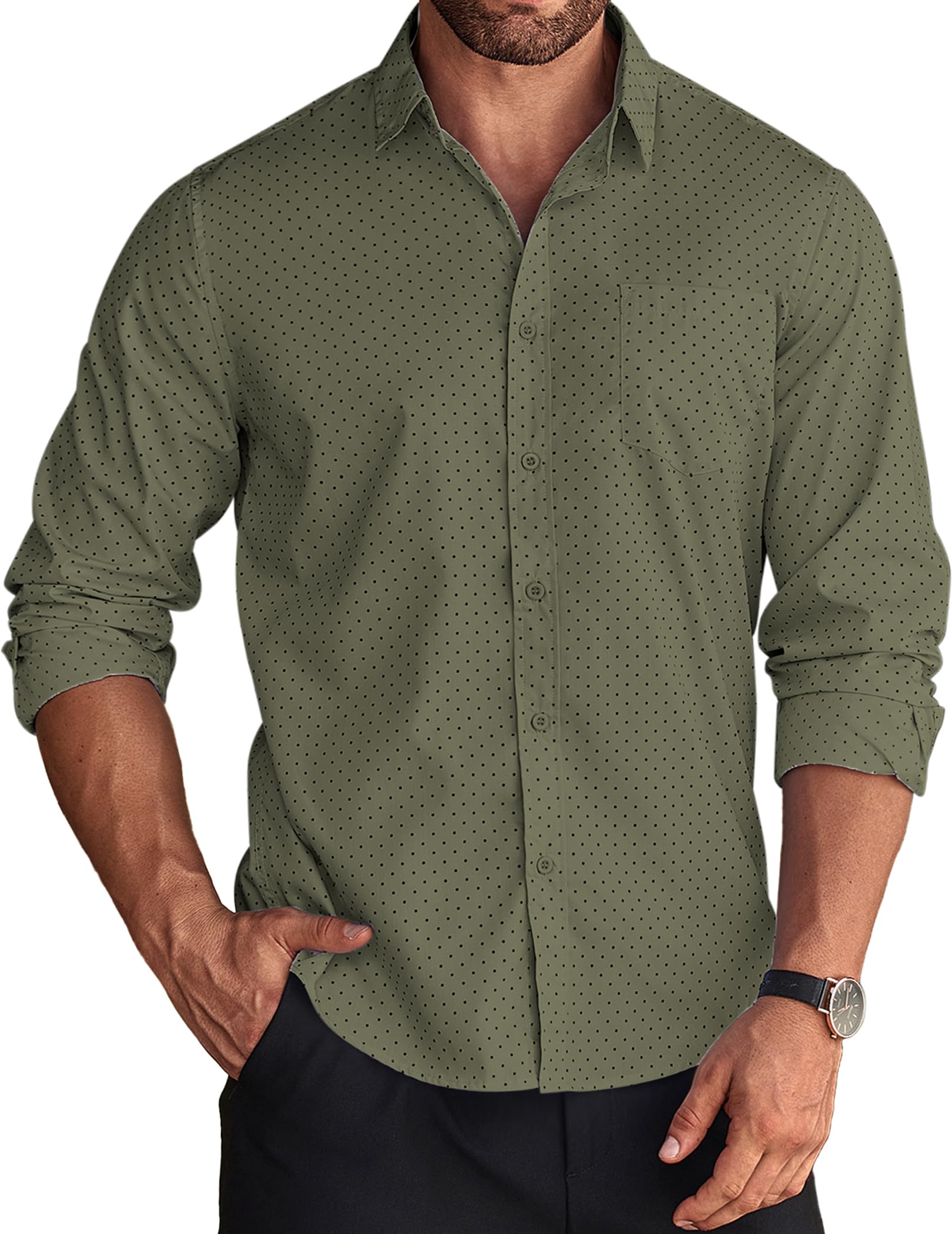 COOFANDY Men's Business Dress Shirt Long Sleeve Regular Fit Shirt Casual Polka Dot Printed Button Down Shirts Army Green