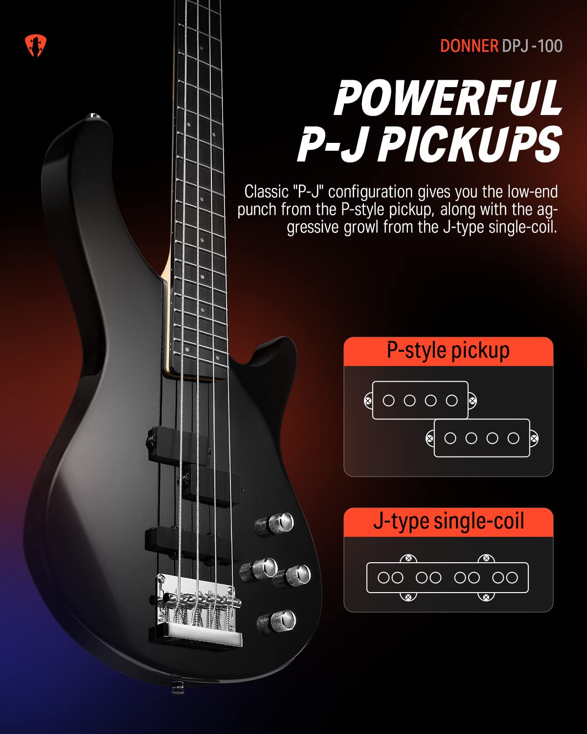 Donner Full-Size Electric Bass Guitar PJ-Style with Bass Amp 25W Bass Guitar Amplifier DBA-2