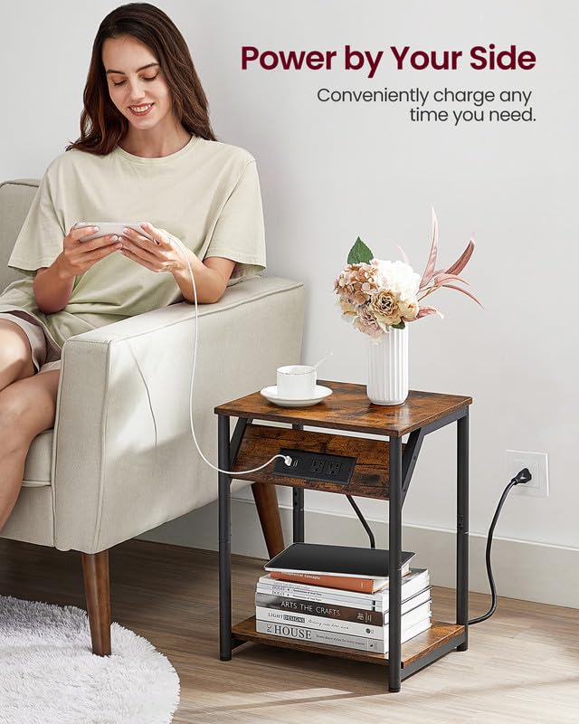 VASAGLE Side Table with Charging Station, End Table with USB Ports and Outlets, Nightstand for Living Room, Bedroom, Plug-in Series, Rustic Brown and Black ULET371B01