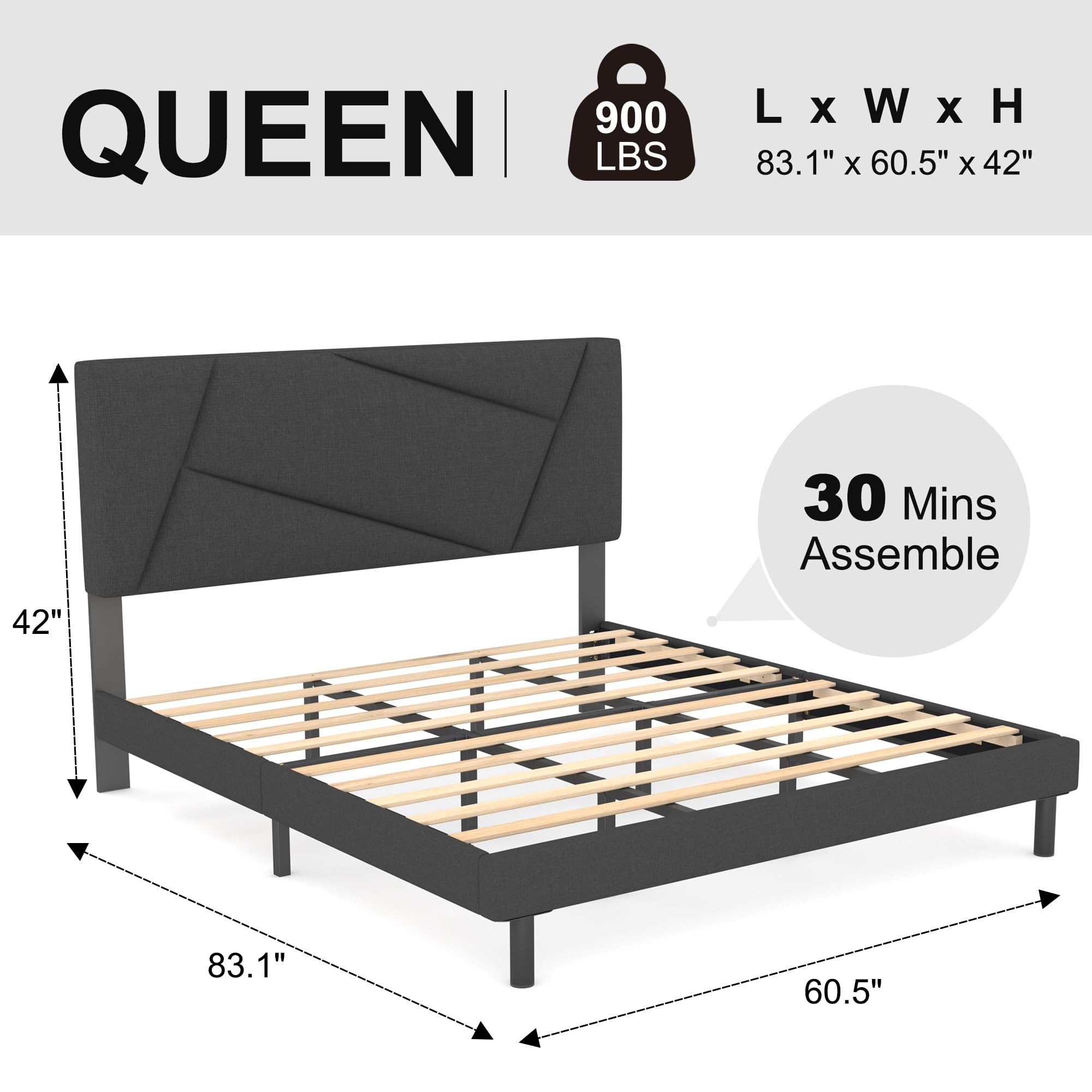 Generic Queen Bed Frame Upholstered Platform with Headboard, Linen Fabric Wrap, Strong Frame and Wooden Slats Support, Easy Assembly No Box Spring Needed,Non-Slip and Noiseless, E Dark Grey