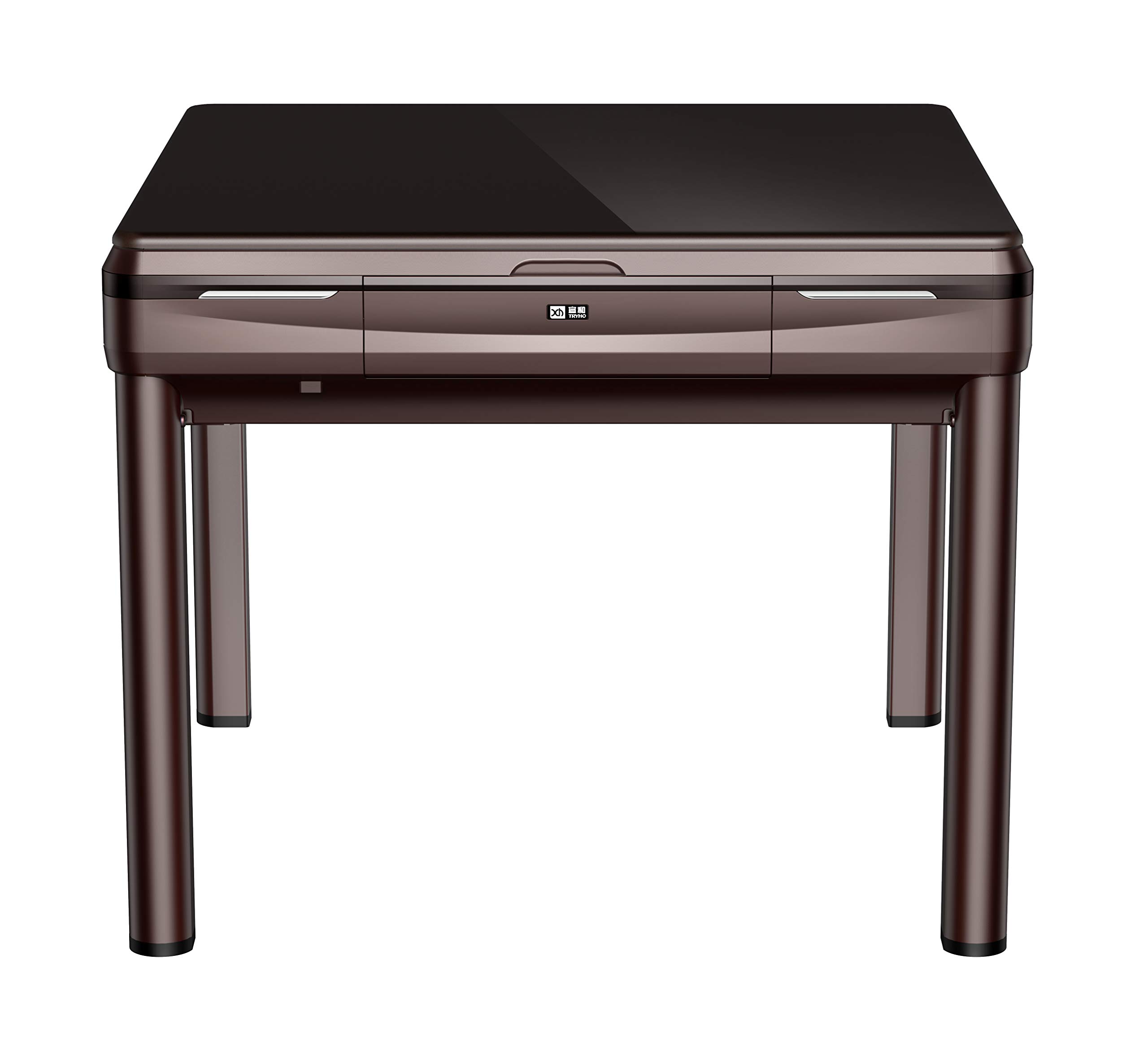 TRYHO 宣和电动麻将桌 Dark Brown Walnut Simple Style 4-Legged Automatic Mahjong Table with 40mm Numbered Tiles (Green+Blue) Hard Tabletop Cover All Style Fit No More Shuffling,More Rounds