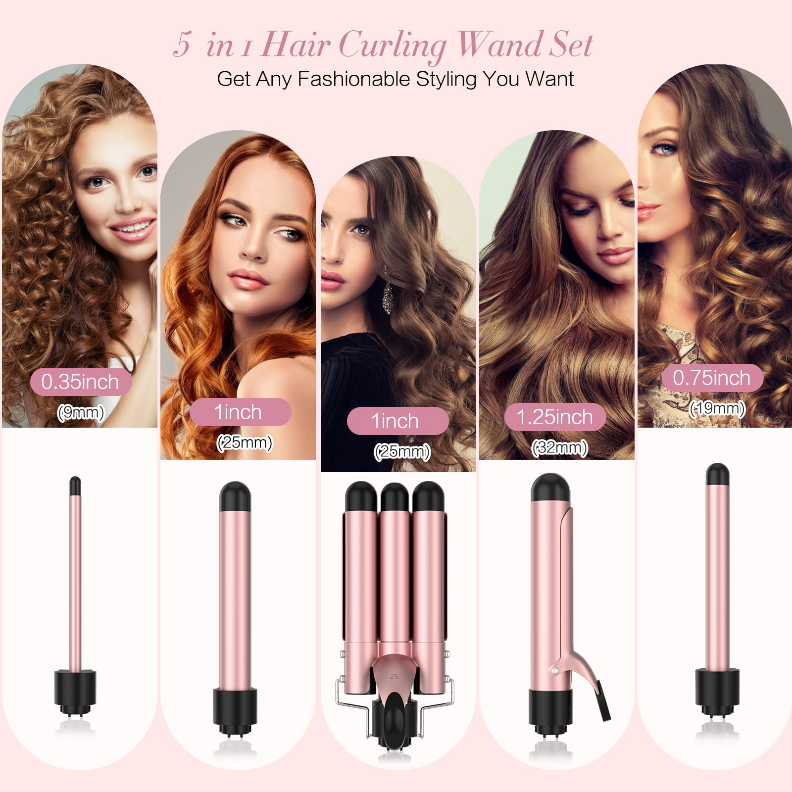 Curling Iron, 5 in 1 Curling Wand Set with 3 Barrel Hair Crimper Hair Tool & 4 Interchangeable Ceramic Curling Wand(0.35β-1.25β), 2 Temps, Instant Heating, Include Heat Protective Gloves & 2 Clips