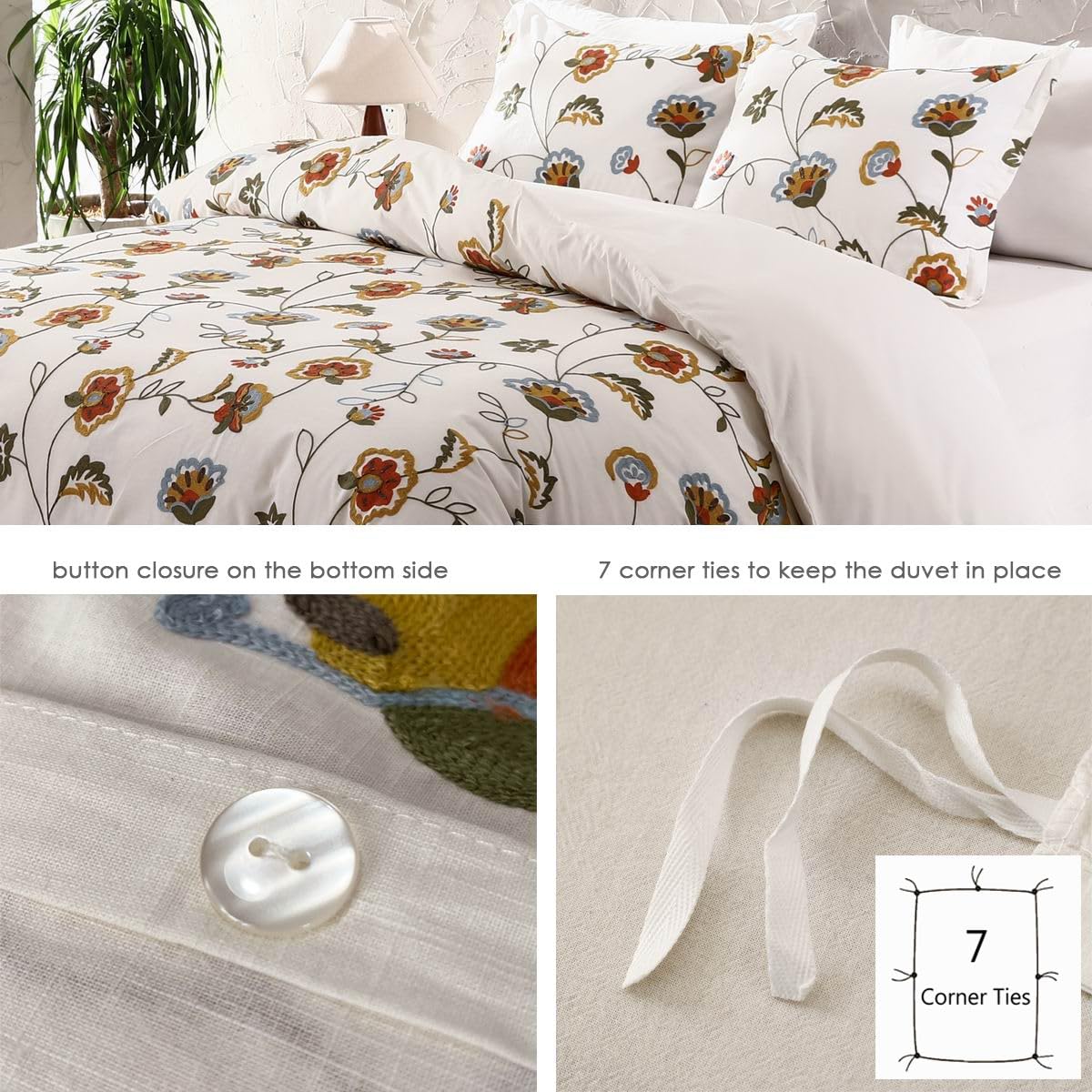 meadow park Crewel Embroidery Cotton Slub Duvet Cover & Pillow Shams Set, King Size, Suzani Pattern, Bohemian Bedding
