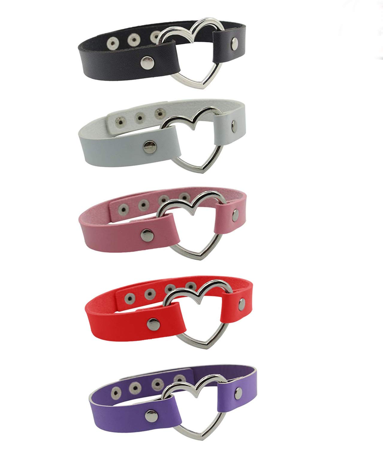 calary PU Leather Goth O ring and Love Heart Collar Chain for Women Girl (5 Set L Multied 5)