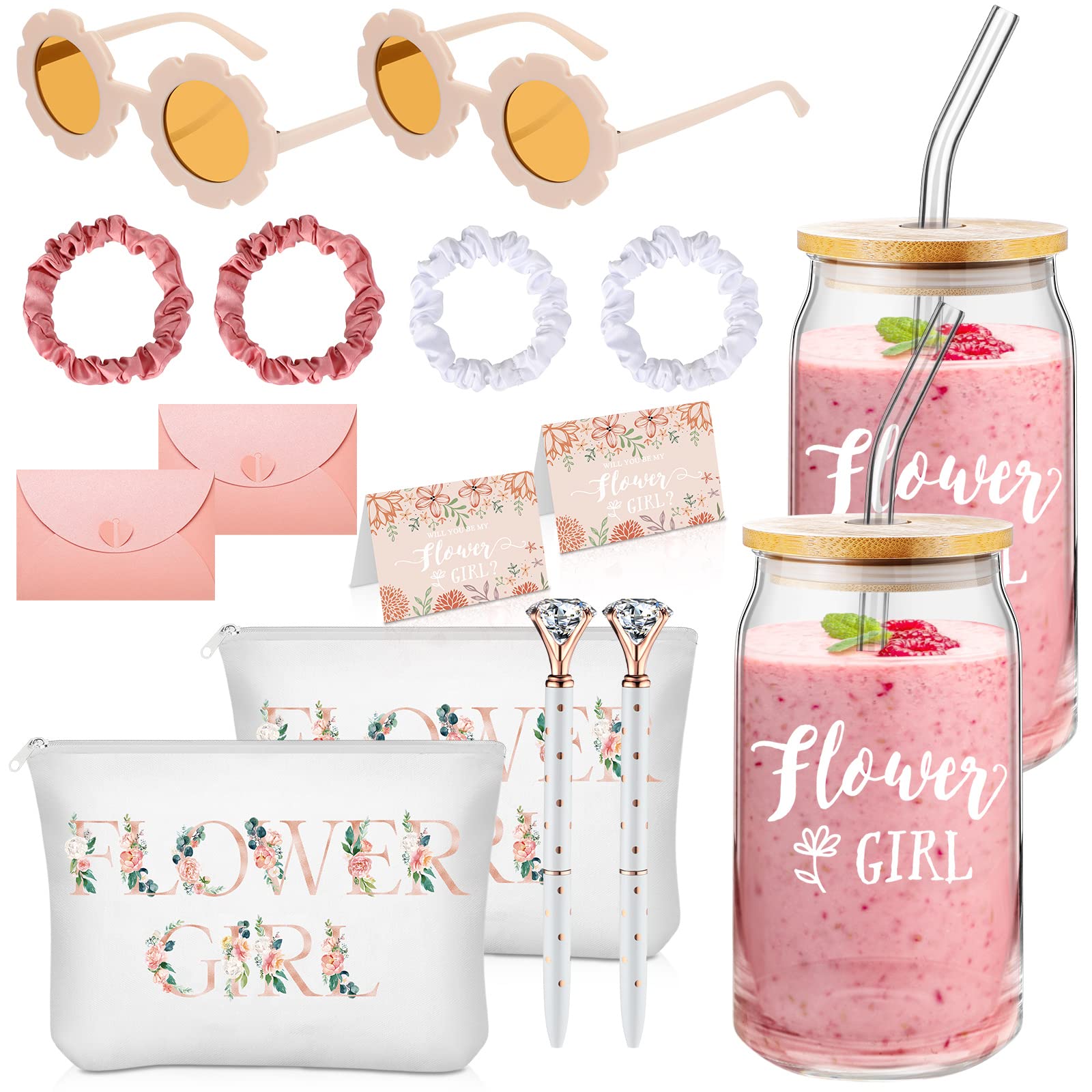 Meanplan 16 Pcs Be My Flower Girl Proposal Gifts Set Flower Girl Tumbler with Straws Makeup Bag Sunglasses Hair Ring Diamond Pen Envelope Card for Wedding Bridal Shower(Pink Series)