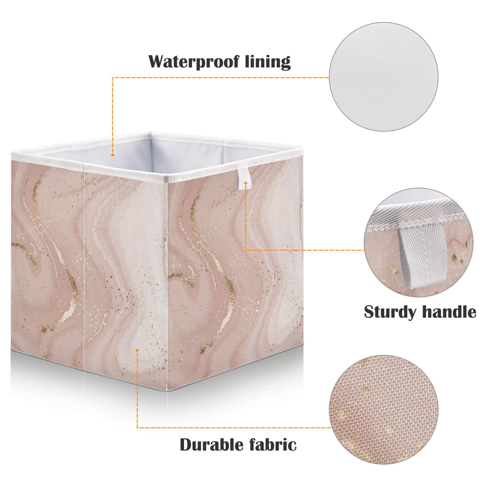 Pink Marble Golden Texture Storage Bins Cubes Storage Baskets Fabric Foldable Collapsible Decorative Storage Bag with Handles for Shelf Closet Bedroom Home Gift 11" x 11" x 11"