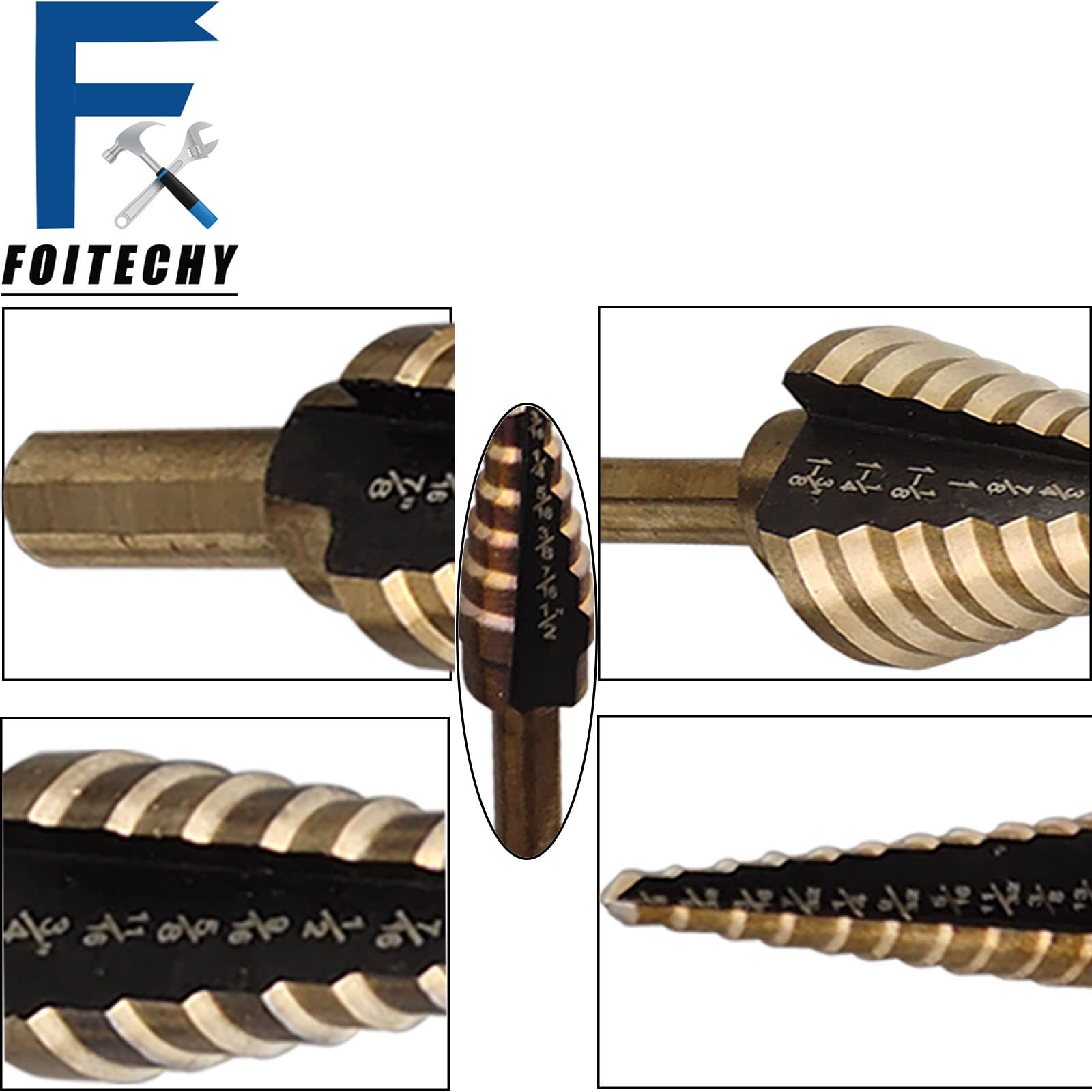 FOITECHY 5Pcs High Speed Step Drill Bit,Stainless Steel Metric Step Drill Bit,Cobalt Step Drill Bits for Metal,50 Sizes in 5 High Speed Steel Unibit Drill Bits Set for Sheet Metal with Aluminum Case