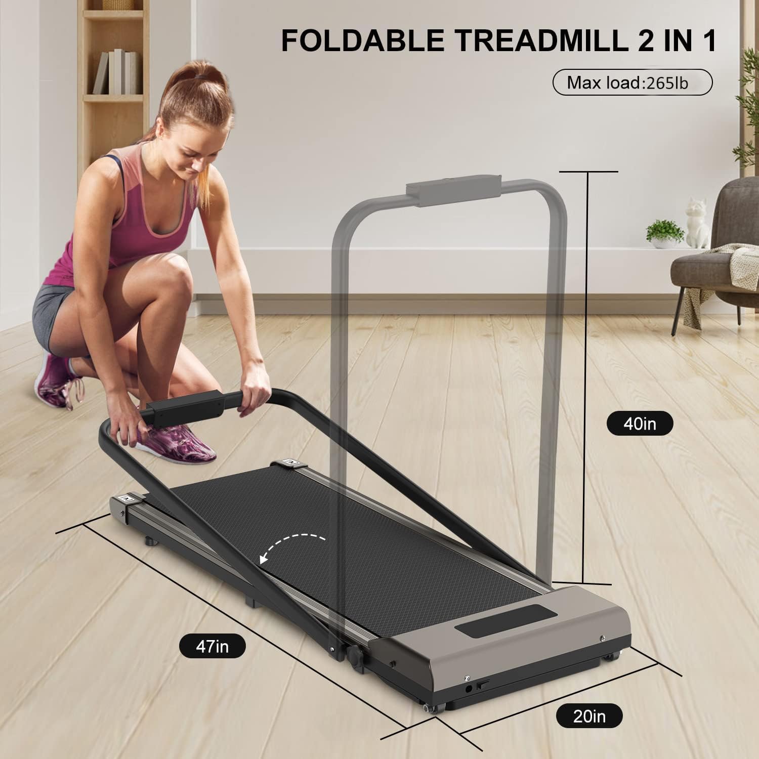 Dskeuzeew Under Desk Treadmill 2 in 1 Folding Treadmill, Foldable Walking Running Pad with Handle&Phone Holder, Powerful & Quiet Walking Jogging Running Machine for Home Office Grey