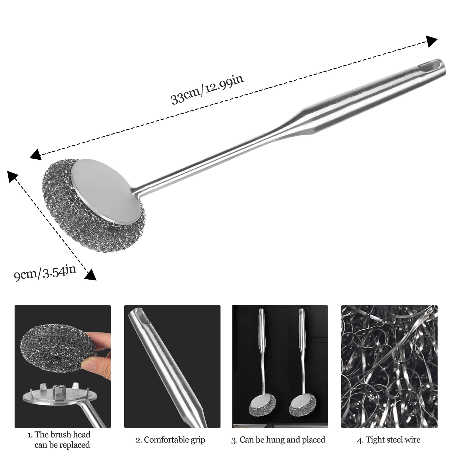 Generic Stainless Steel Long-Handled Steel Wool Brush, Grill Brush Bristle Free with Replaceable Brush Heads,Metal Scrubbers for Cleaning Dishes,Dish Scrubber with Handle