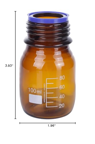 Pastein 20 Pieces Amber Glass 100 mL Graduated Round Lab Reagent Media/Storage Bottle With GL45 Blue Screw Cap