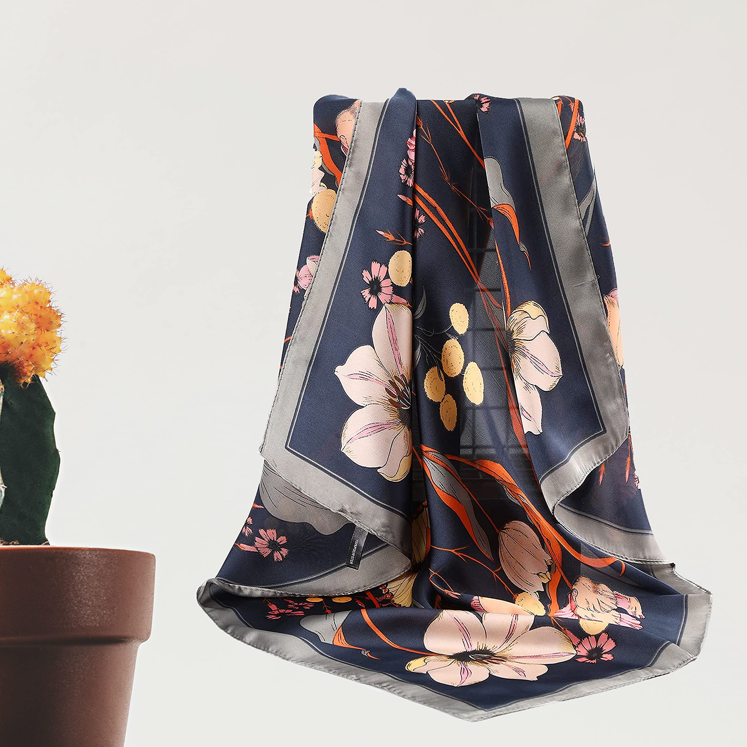 CHLINS 27 Inches Silk Feeling Square Head Scarf - 4 Pcs Satin Square Head Scarves for Women Hair Bandanas Head Kerchief Sleeping Wrap Neckerchief(Floral(White+Yellow+Black+Pink))