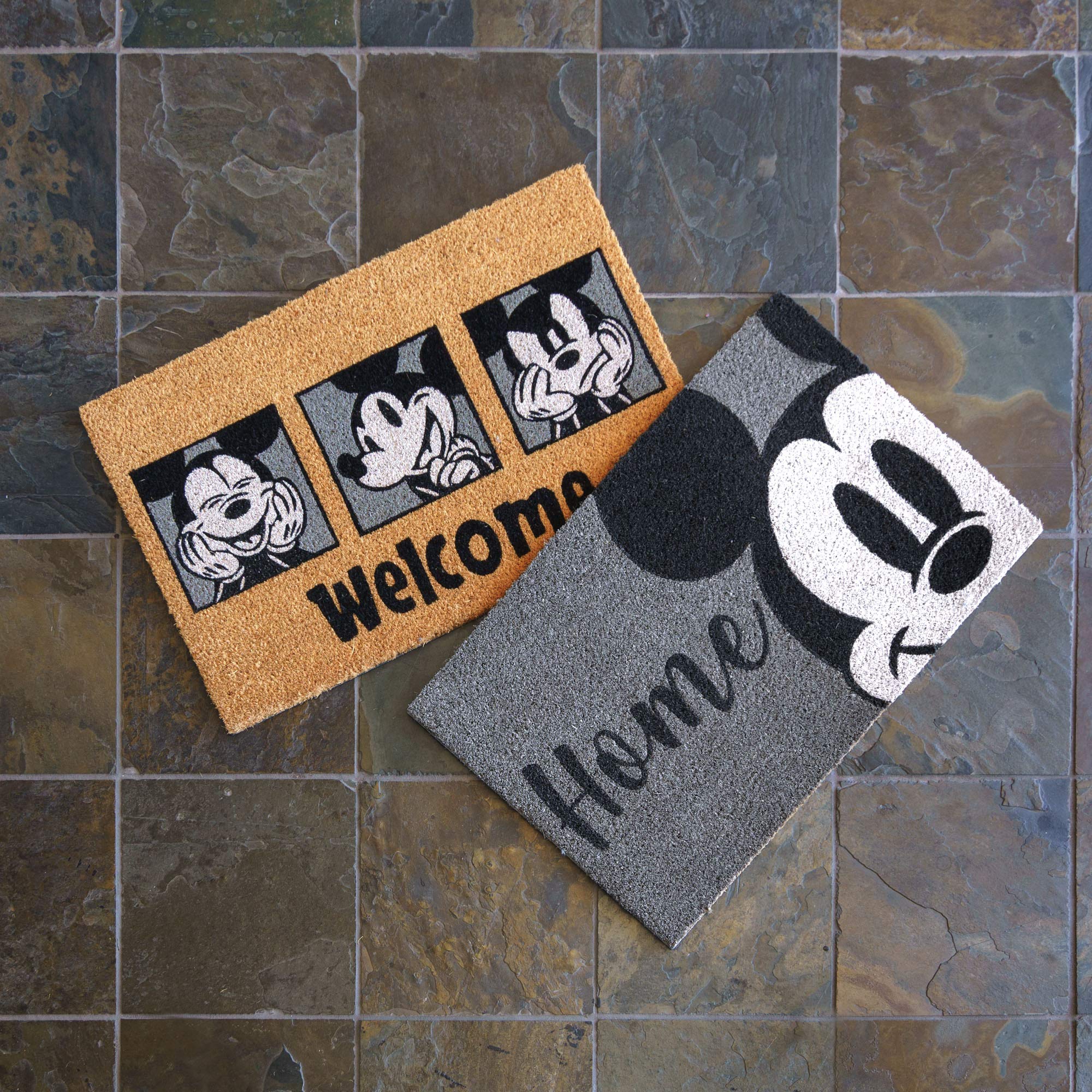 Gertmenian Mickey Mouse Coir Front Door Mat (2-Pack) for Home Entrance Retro Welcome Mat Disney Home Decor 20" x 34" Each, Orange Gray Welcome Home, 47318