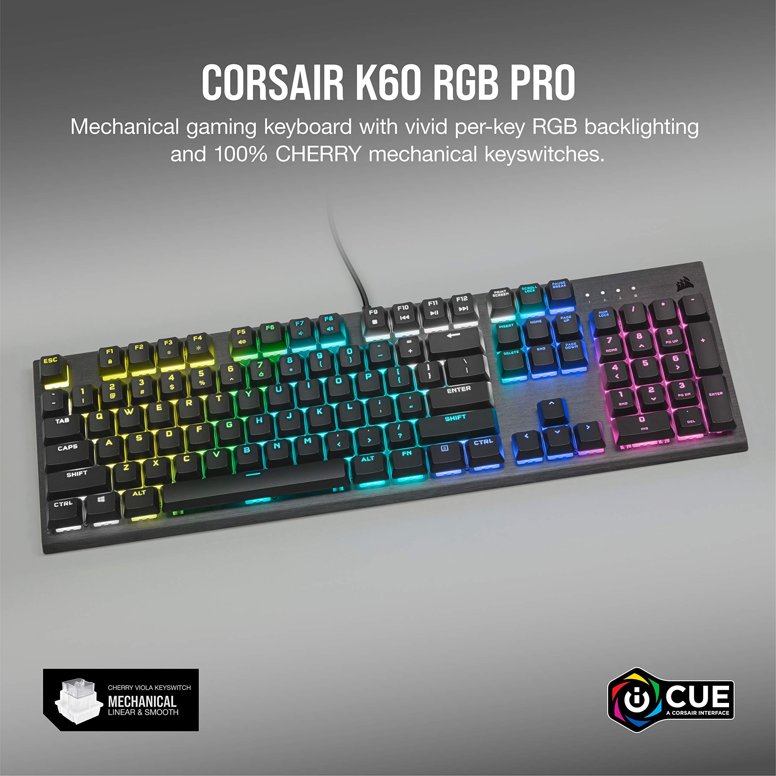 Corsair K60 RGB Pro Mechanical Gaming Keyboard - CHERRY Mechanical Keyswitches - Durable AluminumFrame - Customizable Per-Key RGB Backlighting (Renewed)