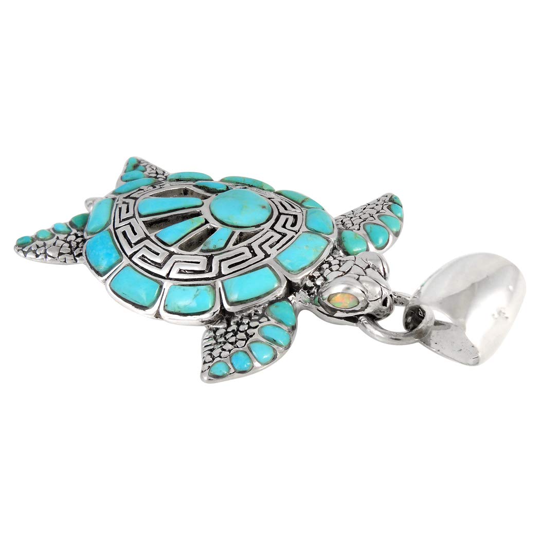 Turtle Pendant Necklace 925 Sterling Silver Genuine Turquoise (20", Turquoise)