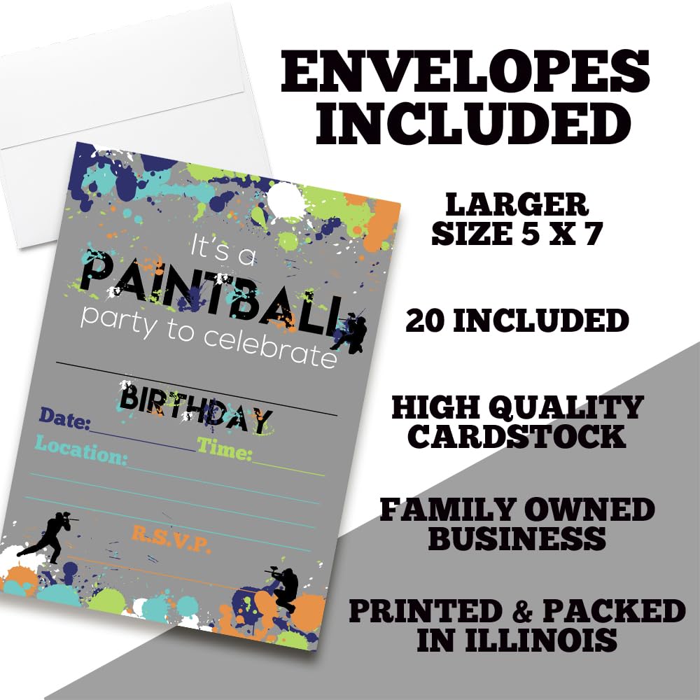 Paintball Themed Birthday Party Invitations, 20 5x7 Fill In Cards with Twenty White Envelopes by AmandaCreation