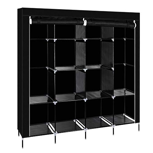 Knocbel 67" Tall Freestanding Closet Organzier Clothes Garment Rack Dustproof & Waterproof Fabric Cover with Storage Shelves 2 Hanging Rods & 4 Side Pockets (Black)