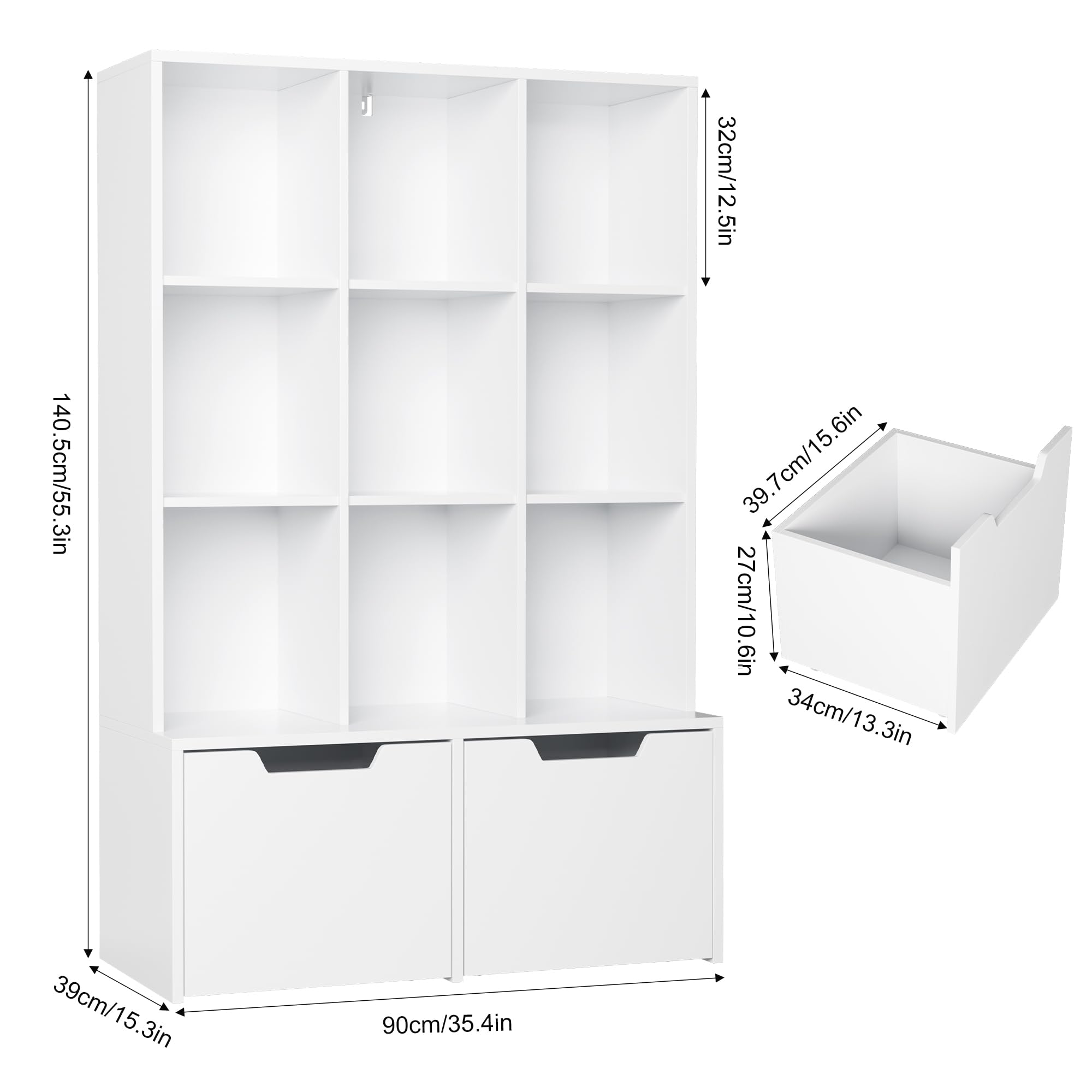 HIFIT 2 Pack Bookcase with 2 Large Drawers and 9 Cube Shelves, 55β Tall Bookshelf Storage Organizer, Wood Storage Cabinet Freestanding for Living Room, Home Office, Kitchen Dining Room, Library, White
