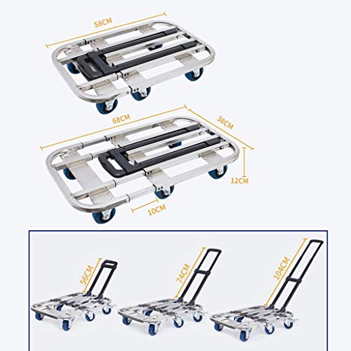 Generic Trolley Stainless Steel Tray Retractable Folding Cart 6 Wheels with Universal Wheels Hand Trucks Household Warehouse Heavy Duty Hand Trucks (Color : Without Brake, Size : 68 * 38 * 56-104cm)