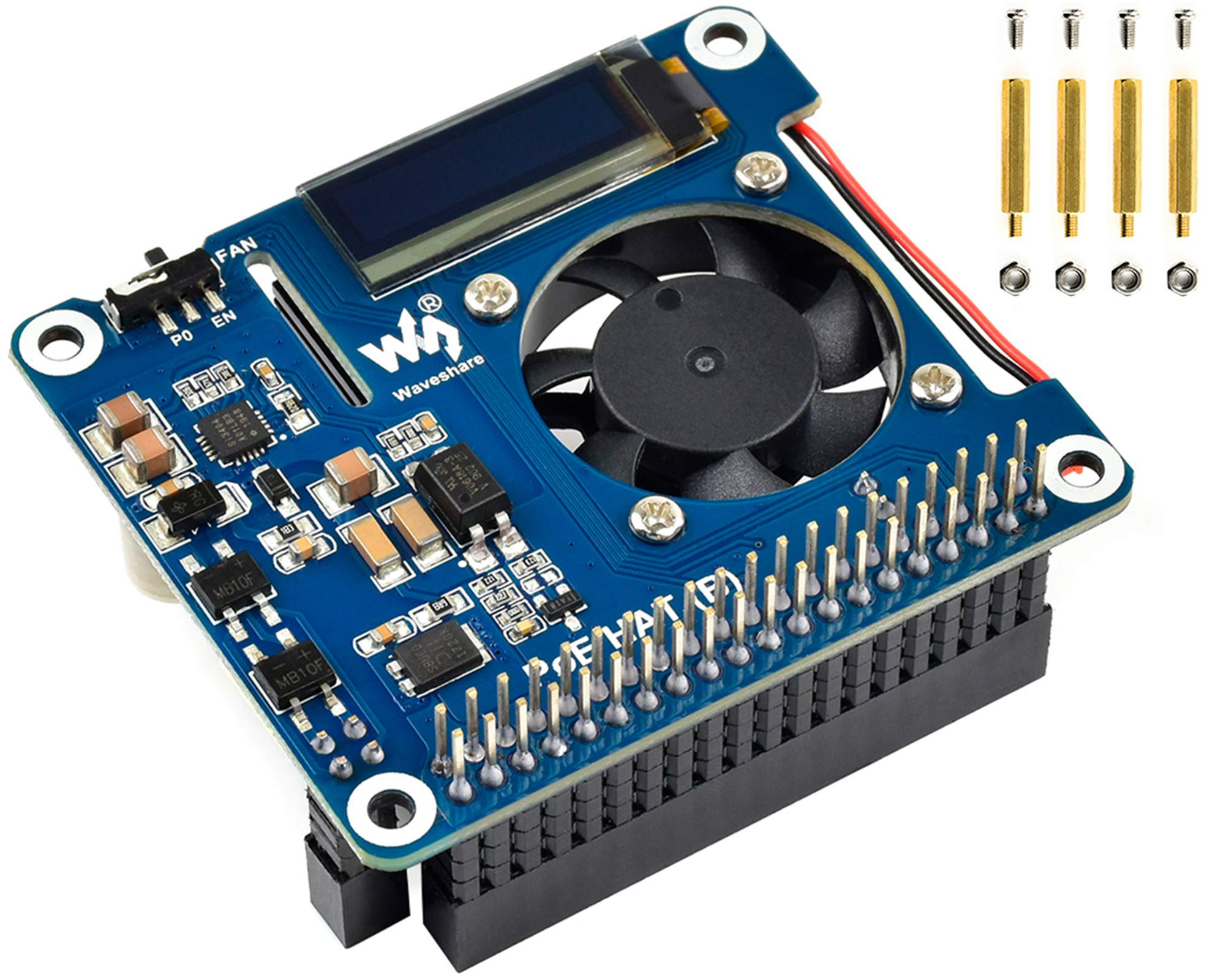 Power Over Ethernet HAT (B) for Raspberry Pi 3 Model B+ / Raspberry Pi 4 Model B, PoE HAT Board with 0.91" OLED and Cooling Fan, Support 802.3af PoE Network Power-Sourcing Equipment Required