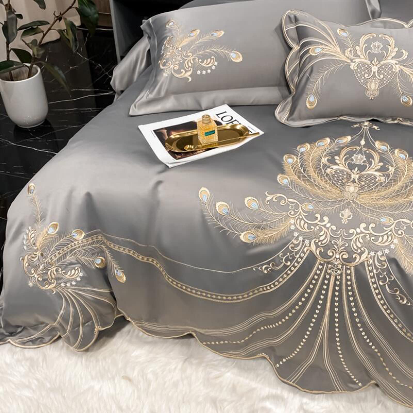 QQXX Luxury Embroidery Duvet Cover Set,Jacquard Silk Bedding Set,Cozy Breathable Microfiber Comforter Cover Set with Zipper Closure and Corner Ties for All-SeasonTies(Queen, Gray)