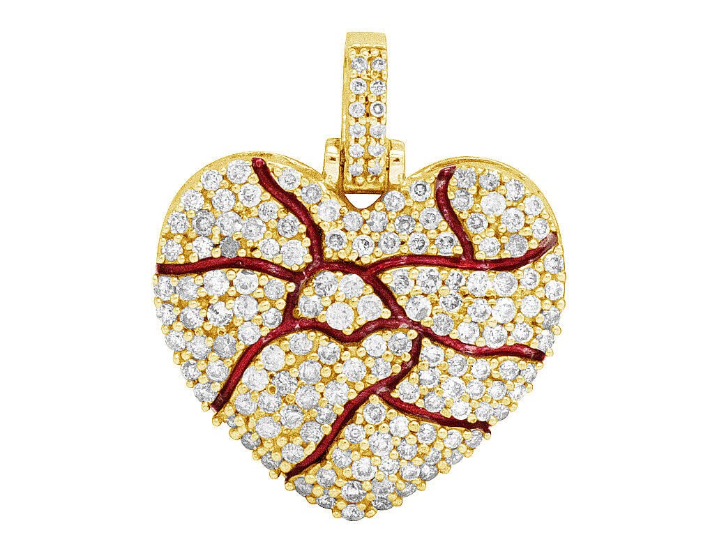 DTJEWELS 10K Yellow Gold Finish Broken Bleeding Round Diamond Heart Pendant Charm 1 1/10CT 1'' (AS-PN-2880)