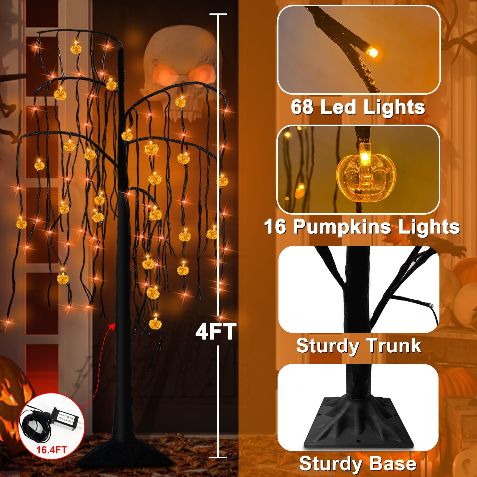 TURNMEON 5 Feet Lighted Halloween Tree Decor with Timer,108 LED Black Scary Willow Tree Purple Lighted 24 Spiders Ornaments Halloween Decorations Outdoor Indoor Holiday Home Yard Garden(Adapter/Timer)