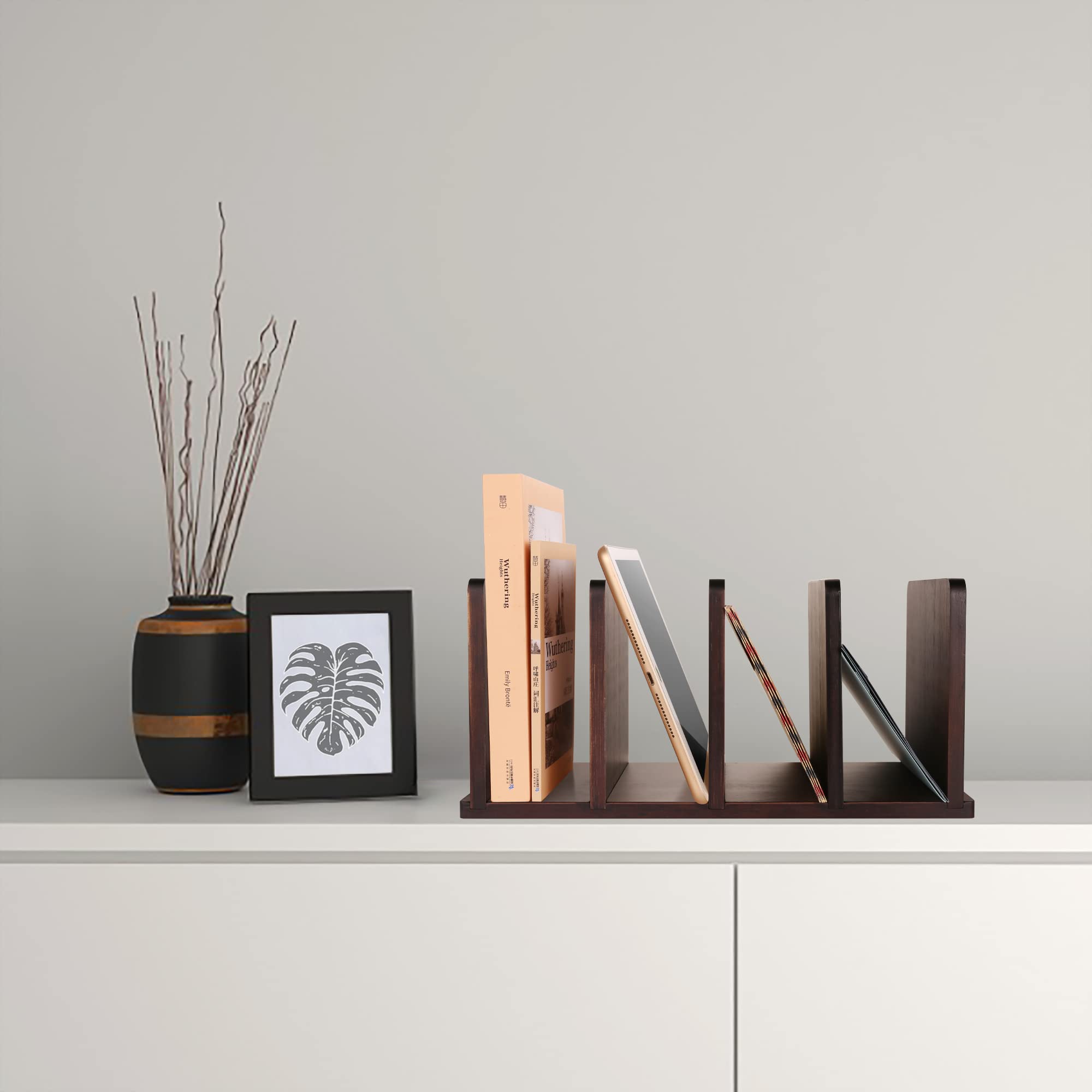 Desk Organizer Mail Organizer Countertop File Sorter, Bamboo Desk File Organizer 4 Slots, Wooden Desk Shelf for Envelope Document Folder Filling, Desktop File Mail Holder for Office & Home