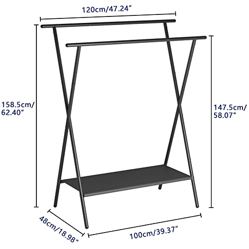 Laiensia Double Rods Clothing Racks for Hanging Clothes,Portable Clothing Hanging Garment Rack with Bottom Oxford Cloth Shelves,Black