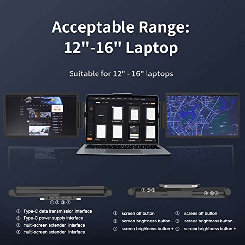Gaweb Portable Screen Extender for Laptop, 12" 1920X1080 16:9 Dual Monitor with USB2.0/USB3.0/USB C, Suitable for 13"-16" Laptops Black 12"