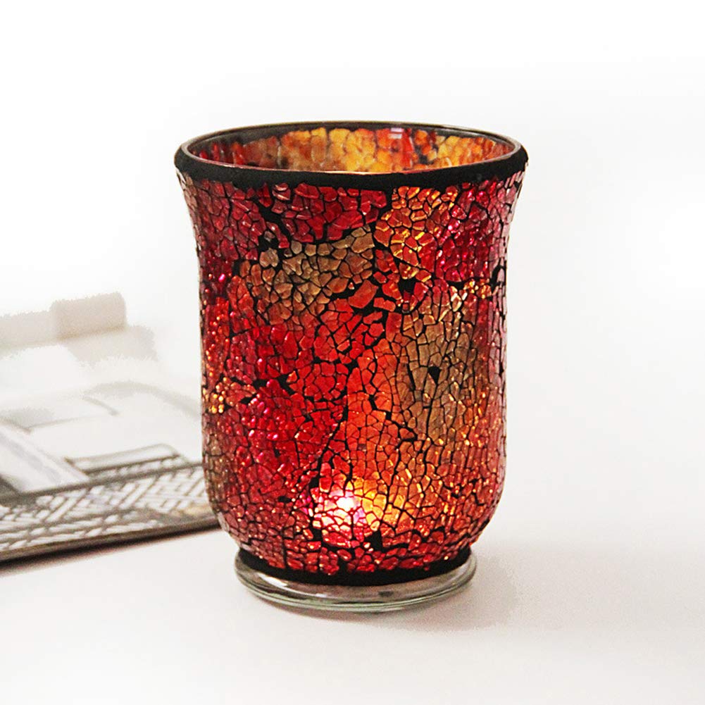 Two-piece Orange Red Mosaic Glass Tea Light Candle Holder Ball and Wind Lantern Shape Votive Candleholder Romantic Handmade Gifts Christmas Candlestick Holders Home Decor Wedding Party Table Decor
