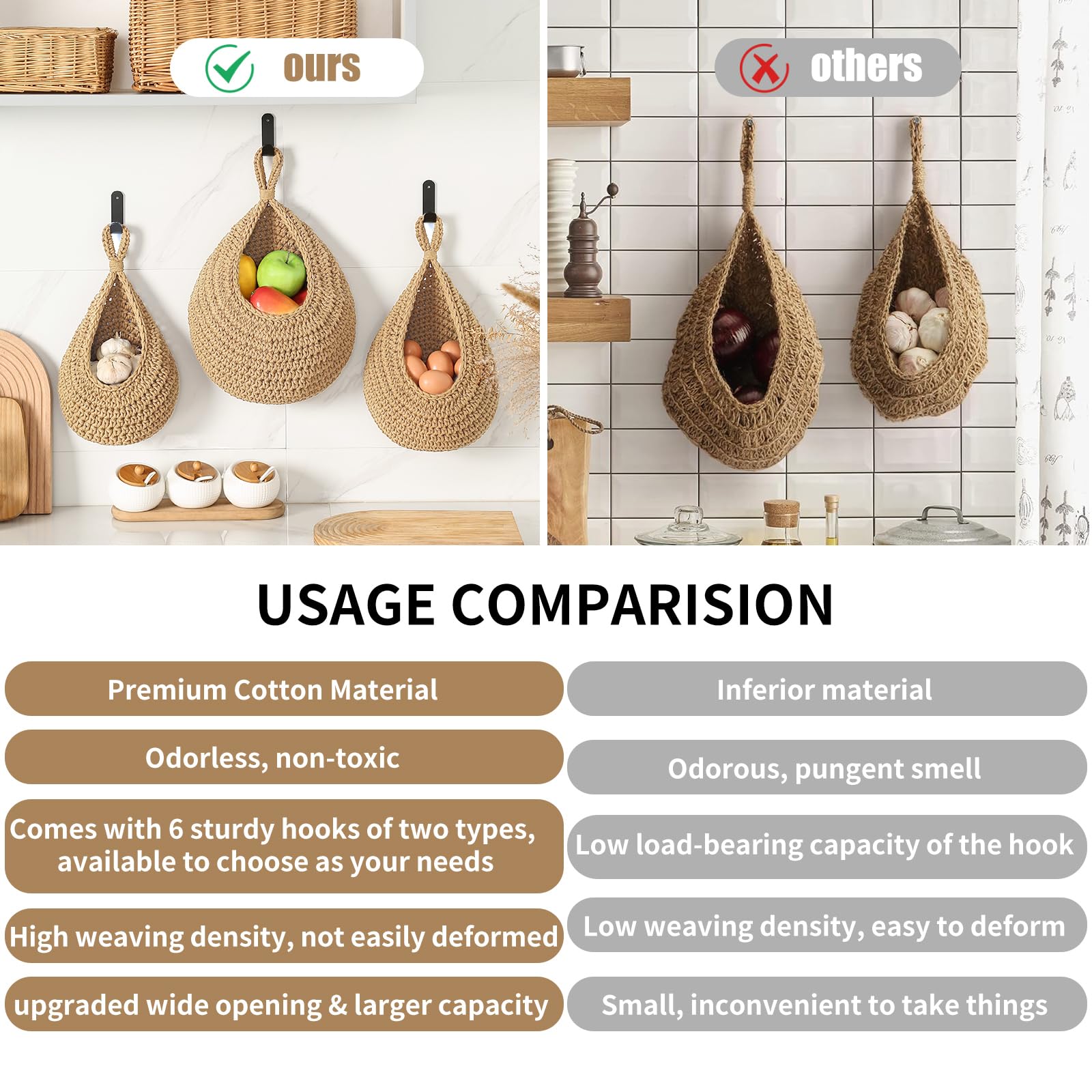 INJORAN Boho Wall Hanging Fruit Baskets for Kitchen 3 Pack Woven Produce Holder with 6 Pcs Strong Hooks Vegetable Hanging Basket for Organizing Teardrop Home Wall Potato Onion Storage, Linen