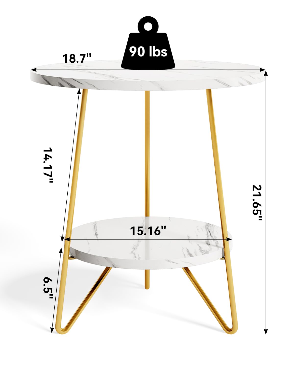 LITTLE TREE 2 Tier Faux Marble End Table Round Side Table with Shelves Small Coffee Accent Table for Living Room, White and Gold