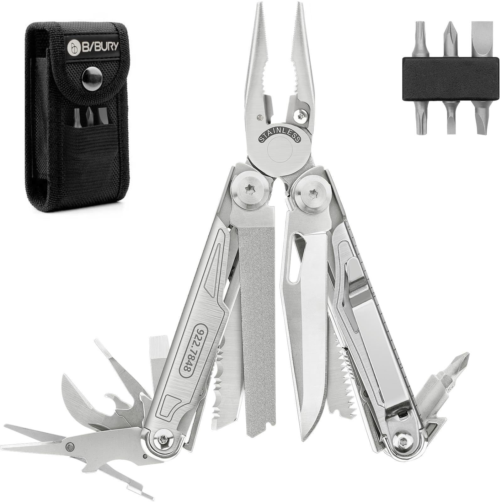 Gifts for Men Dad, BIBURY Multitool, 19-in-1 Stainless Steel Multi Tool with Fold-able Pliers, Screwdriver Sleeve, Scissors, Nylon Pouch, Muti-tool for Camping Survival Hiking Hunting Repairing