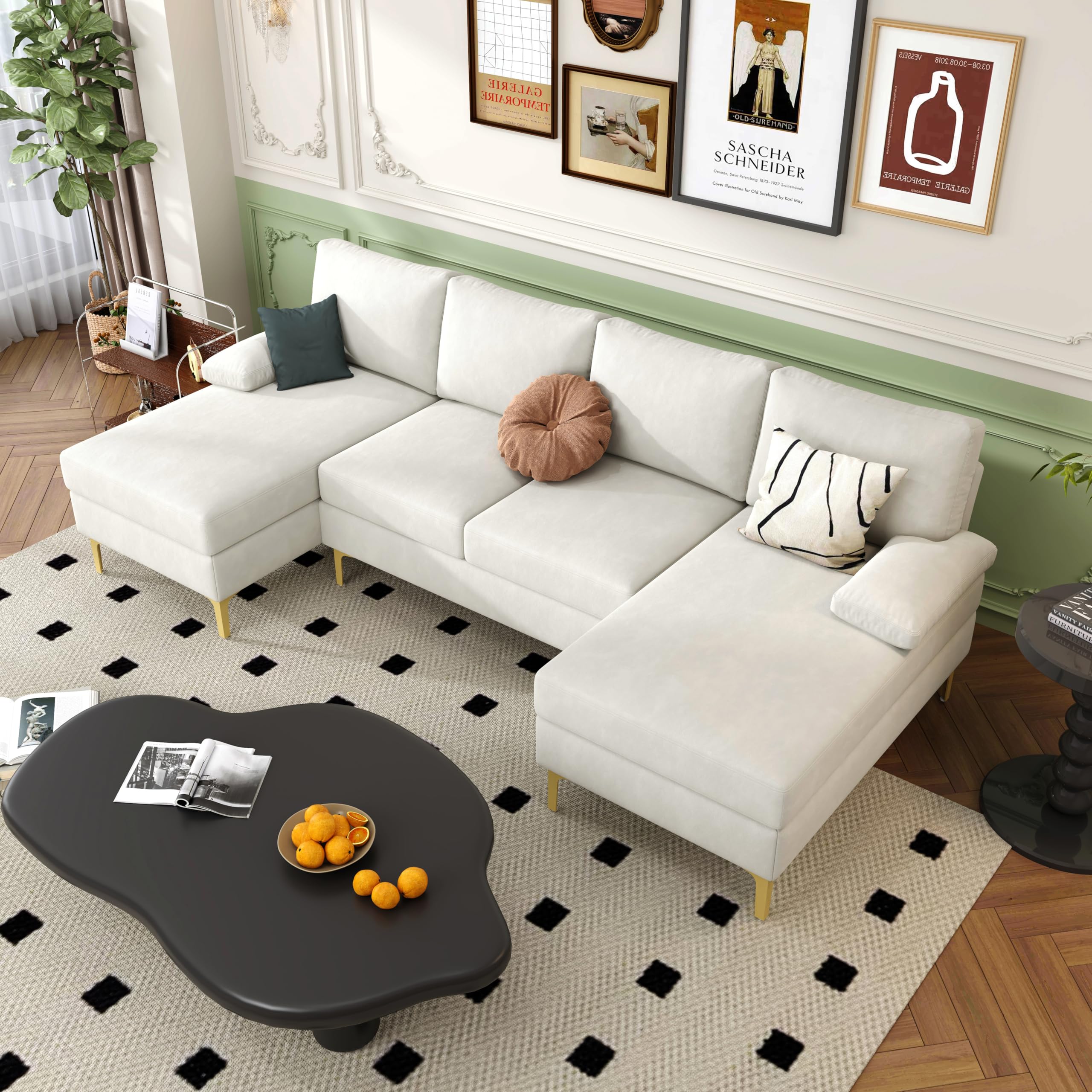 HZANHY Convertible Sectional Sofa Couch, 4 Seat Sofa Set for Living Room U-Shaped Modern Fabric Modular Sofa Sleeper with Double Chaise, Short Plush Fabric Sofa Couch (White)
