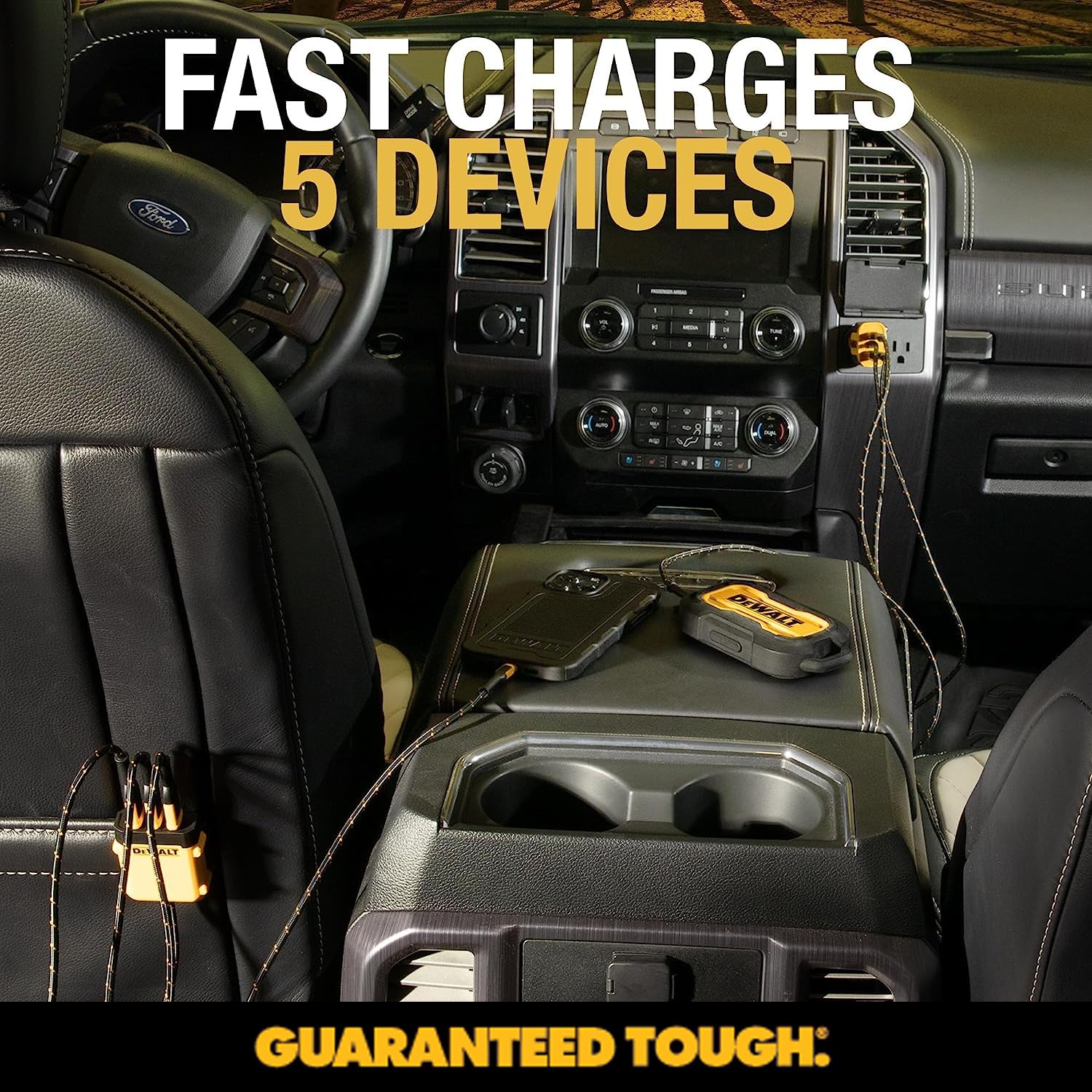DEWALT 5-Port Front & Back Seat Mobile USB PD Car Charger, 72W Car Charger Adapter, USB Car Charger for Multiple Devices, Cigarette Lighter Adapter USB Charger with Cable for Back Seat Charging